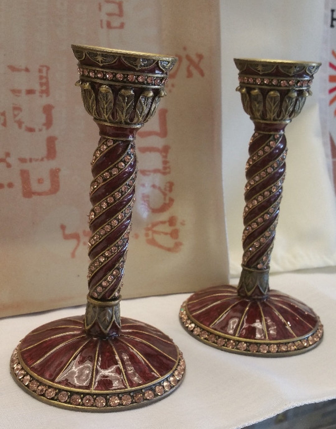Antq Gold Burgundy Swirl Candlesticks With Peach or Rosaline Crystal ...