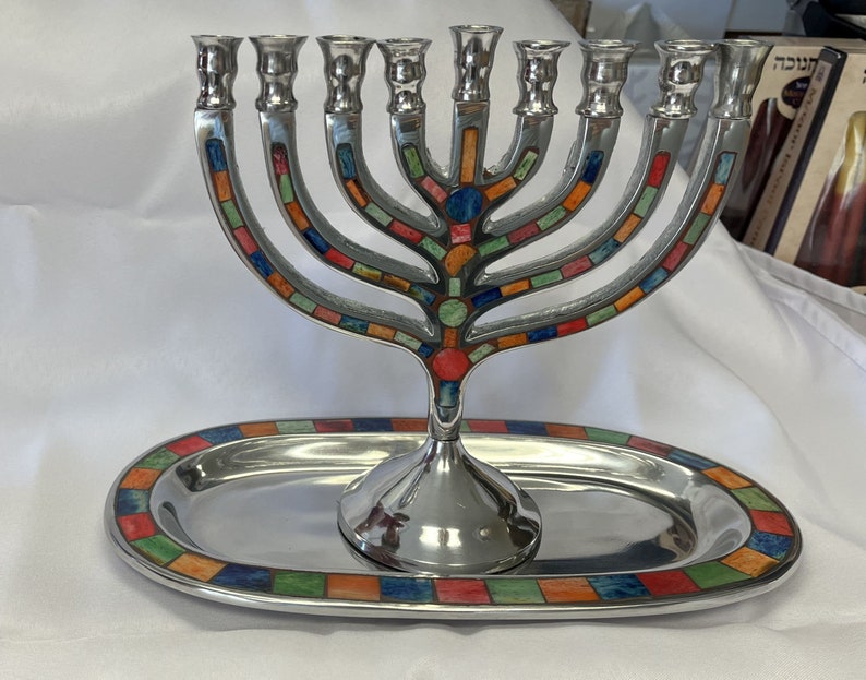 Hanukkah 6 in Menorah With Multi Mosaic Inlay Traditional Shaped Silver ...