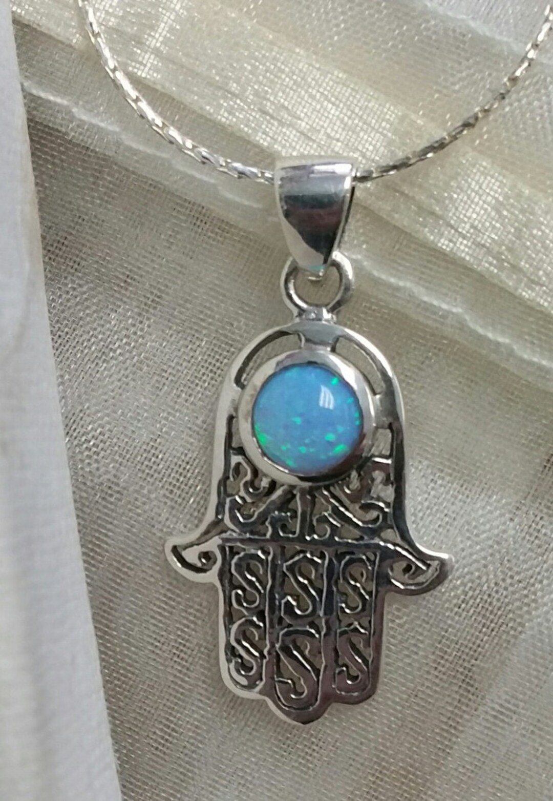 Filagree Style Hamsa With Blue Opal Stone Sterling Silver Pendant - Etsy
