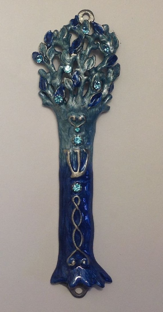 Tree of Life Mezuzah in Blue tones crystal accents | Etsy