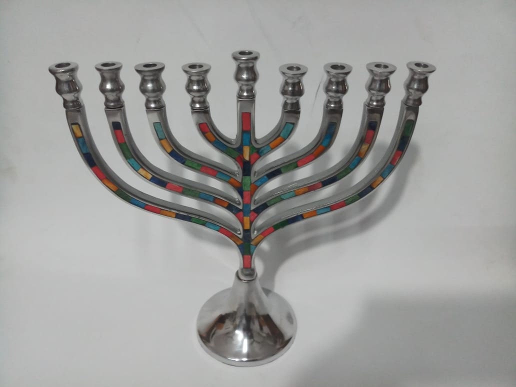 Hanukkah 6 in Menorah With Multi Mosaic Inlay Traditional Shaped Silver ...