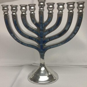 Hanukkah Menorah in Traditional Silver Aluminum With Blue Mosaic Inlay ...