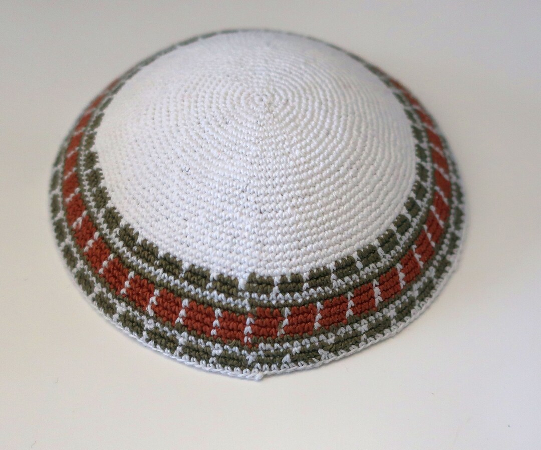 White Knit Kippah Withbrown and Green, Made in Israel 5.5" - Etsy