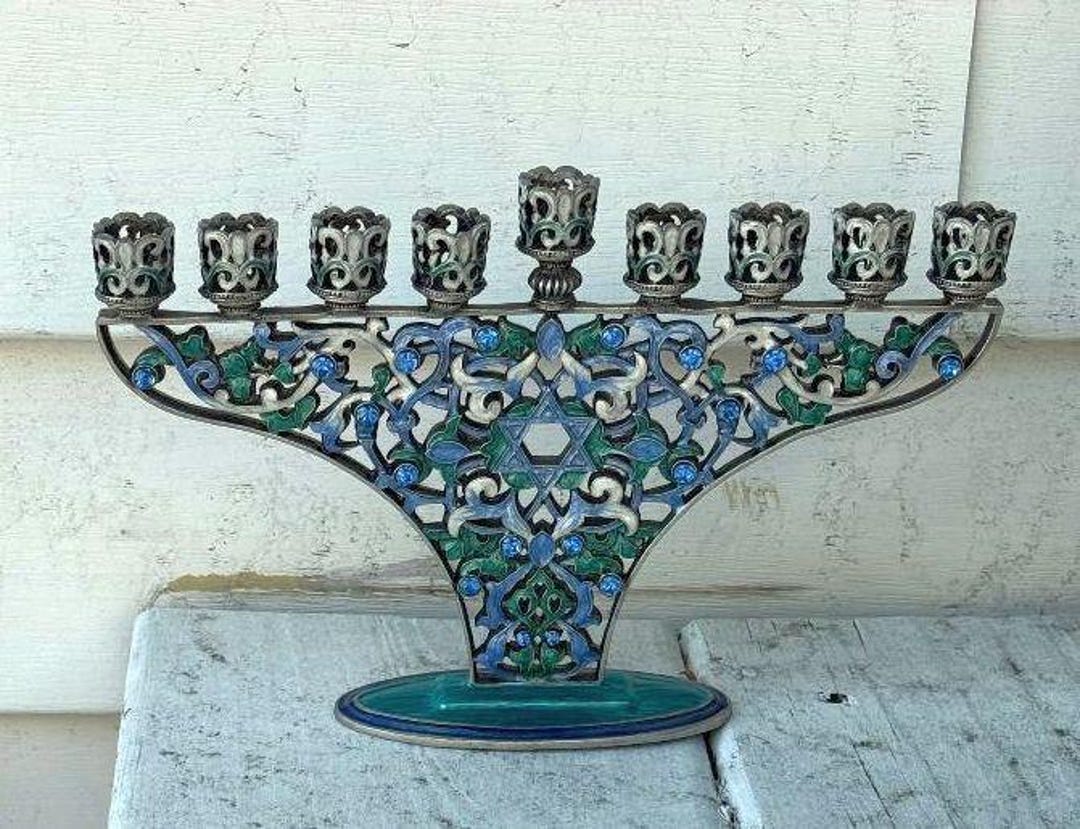 Filagree Style Hanukkah Menorah in Blue, Green and White Enamel ...