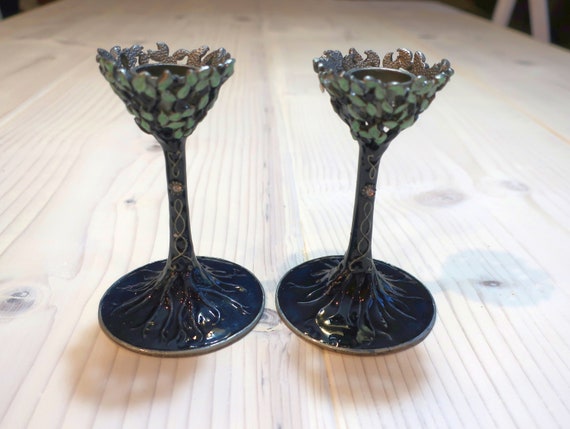 Tree of Life Candlesticks in Navy Blue & Green Shabbat Candle | Etsy