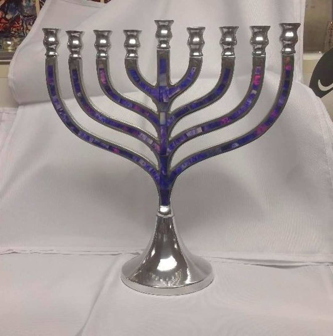 Hanukkah 12 Inch Menorah in Traditional Silver Aluminum With Purple ...