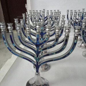 Hanukkah Menorah in Traditional Silver Aluminum With Blue Mosaic Inlay ...