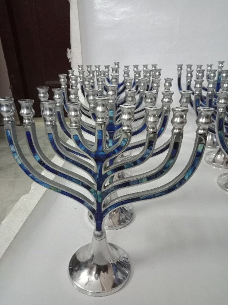 Hanukkah Menorah in Traditional Silver Aluminum With Blue Mosaic Inlay ...