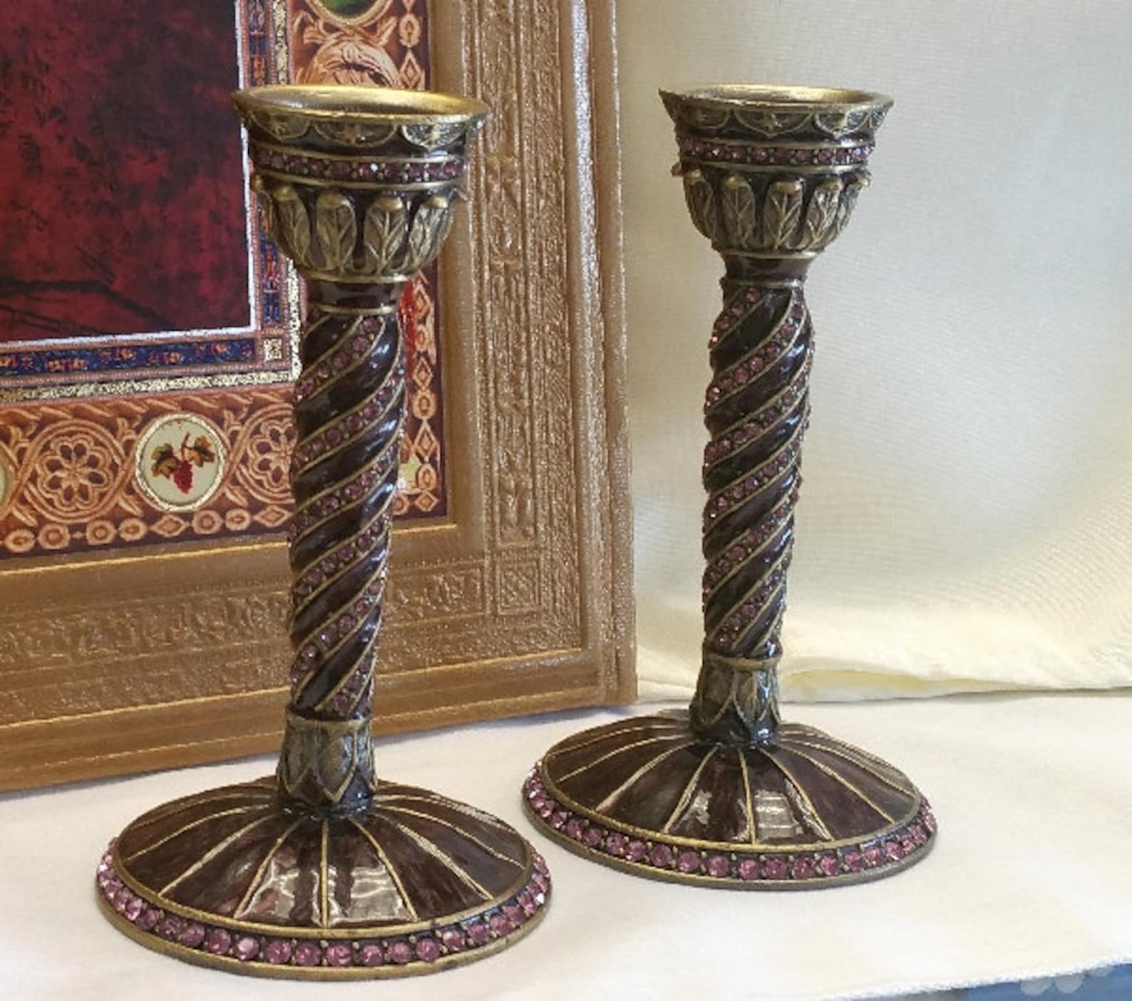 Antq Gold Burgundy Swirl Candlesticks With Peach or Rosaline - Etsy