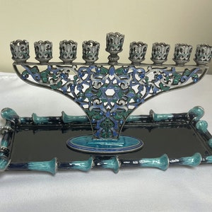 Filagree Style Hanukkah Menorah in Blue, Green and White Enamel ...