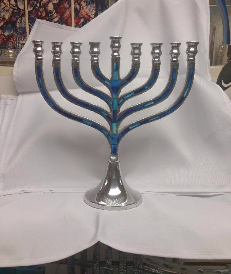 Hanukkah Menorah in Traditional Silver Aluminum With Blue Mosaic Inlay ...