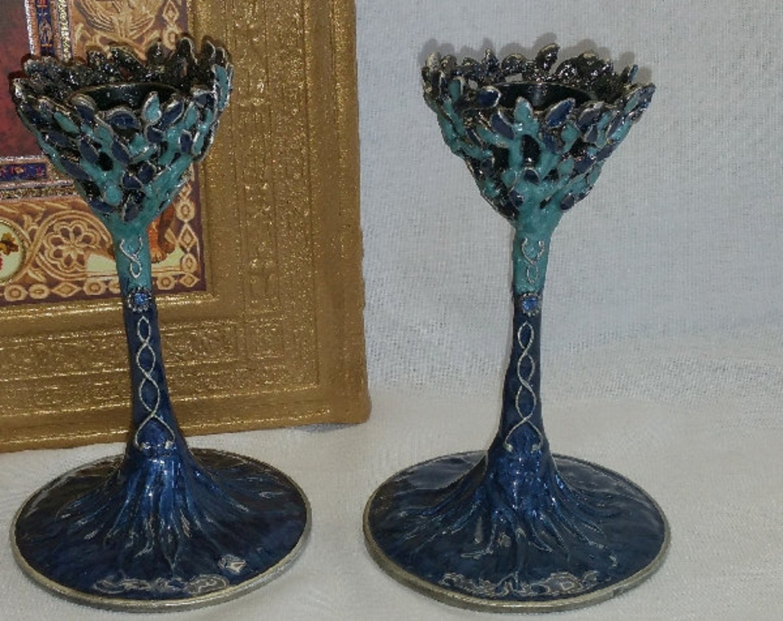 Tree of Life Candlesticks in Blue. Shabbat Candle Holders - Etsy