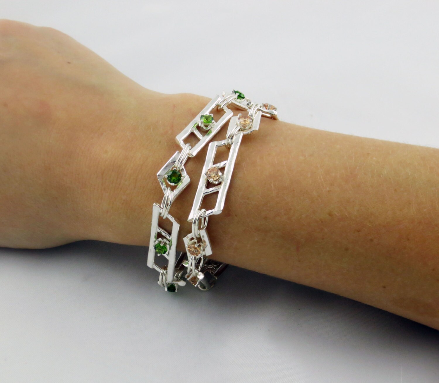 Colored Ladder Link Bracelet- Dark Green/champagne Gemstones ...