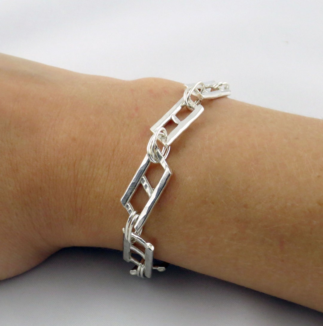 Double Ladder Link Bracelet- Handmade Silver Chain Bracelet- Hammer ...
