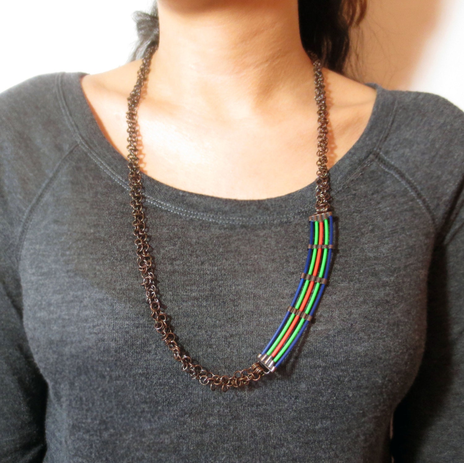 Recycled Plastic Stripe and Chain Statement Necklace, Plastic and ...
