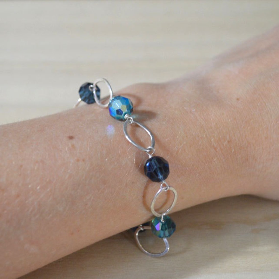 Light Blue & Dark Blue Crystal Bracelet Sterling Silver Chain Bracelet ...