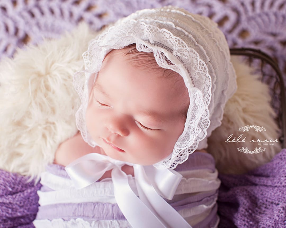 NEWBORN BABY BONNET: Wrap White Bonnet, Lavender Ruffle Wrap, Newborn ...