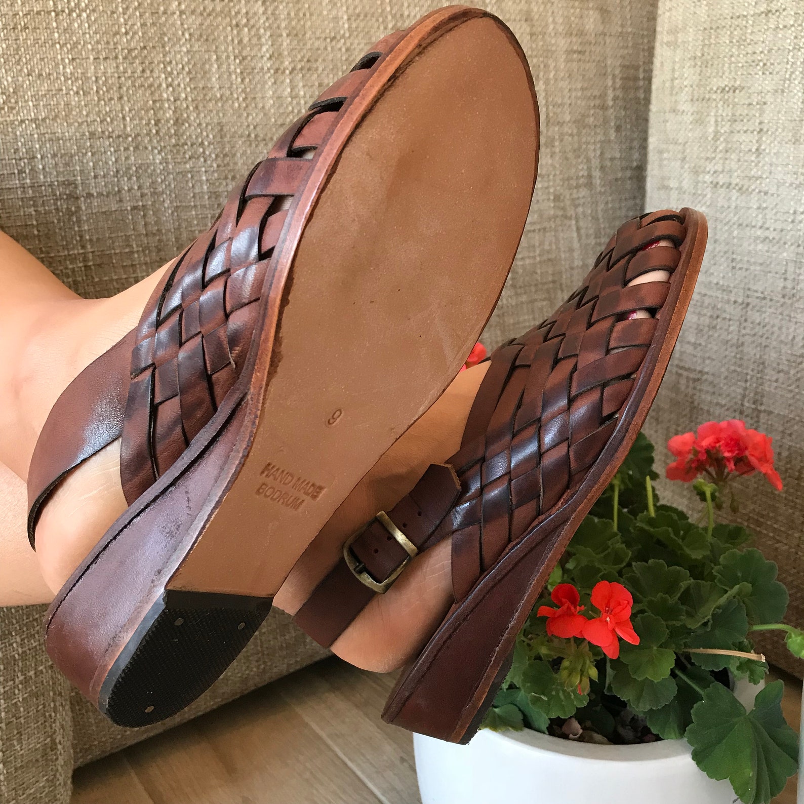 Brown Leather Sandals, Woven Leather Shoes, Buckle Sling Back, Custom ...