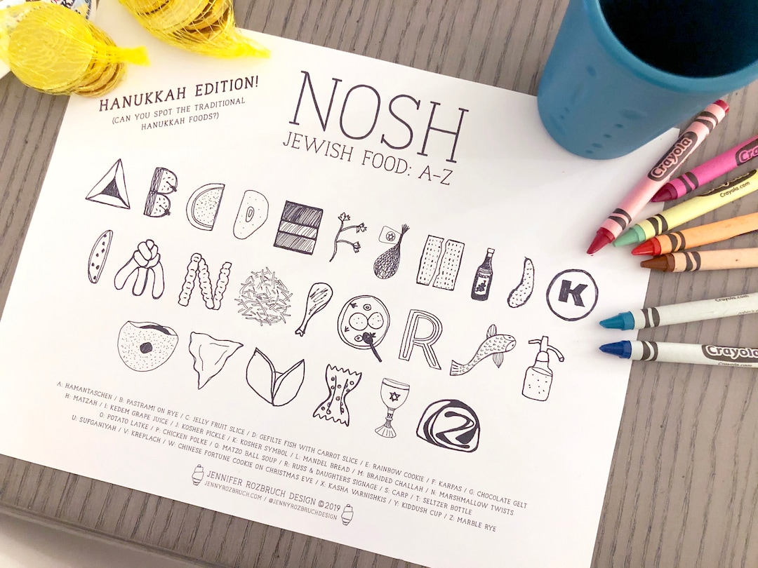 NOSH: Jewish Food Alphabet - Kid's Coloring Placemat - Hanukkah Edition ...