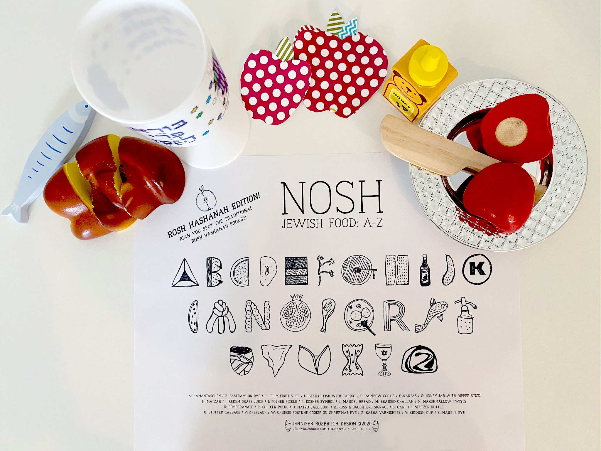 NOSH: Jewish Food Alphabet - Kid's Coloring Placemat - Rosh Hashanah ...