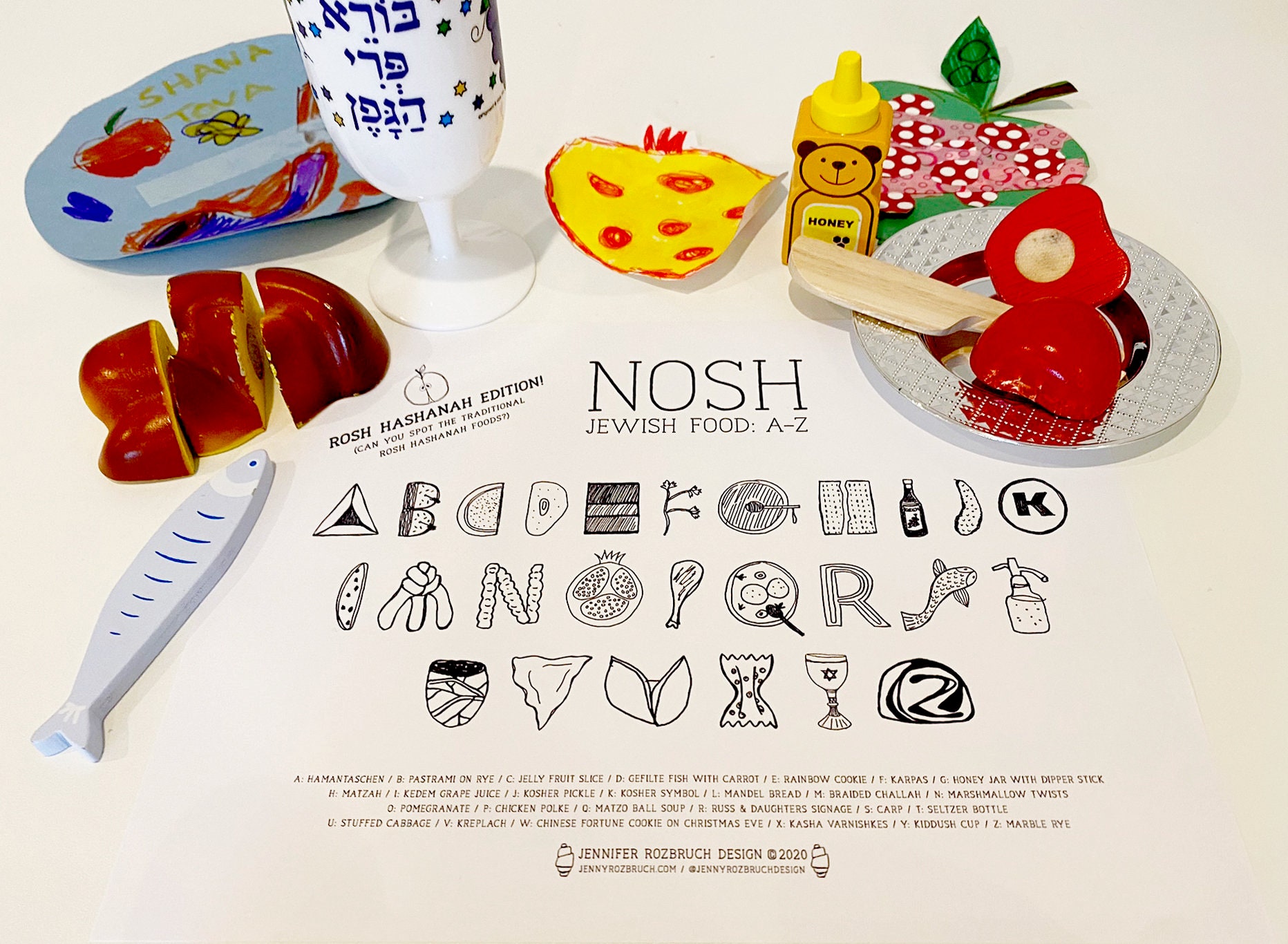 NOSH: Jewish Food Alphabet - Kid's Coloring Placemat - Rosh Hashanah ...