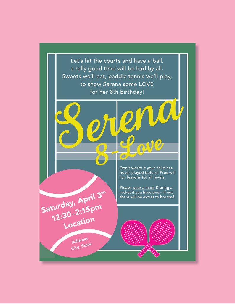 Girls Tennis / Paddle Tennis Themed Birthday Invitation - Etsy
