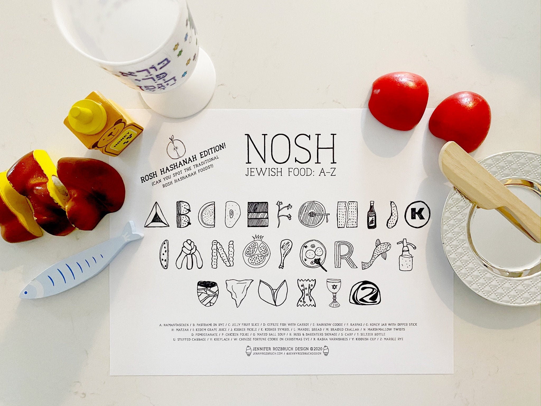 NOSH: Jewish Food Alphabet - Kid's Coloring Placemat - Rosh Hashanah ...