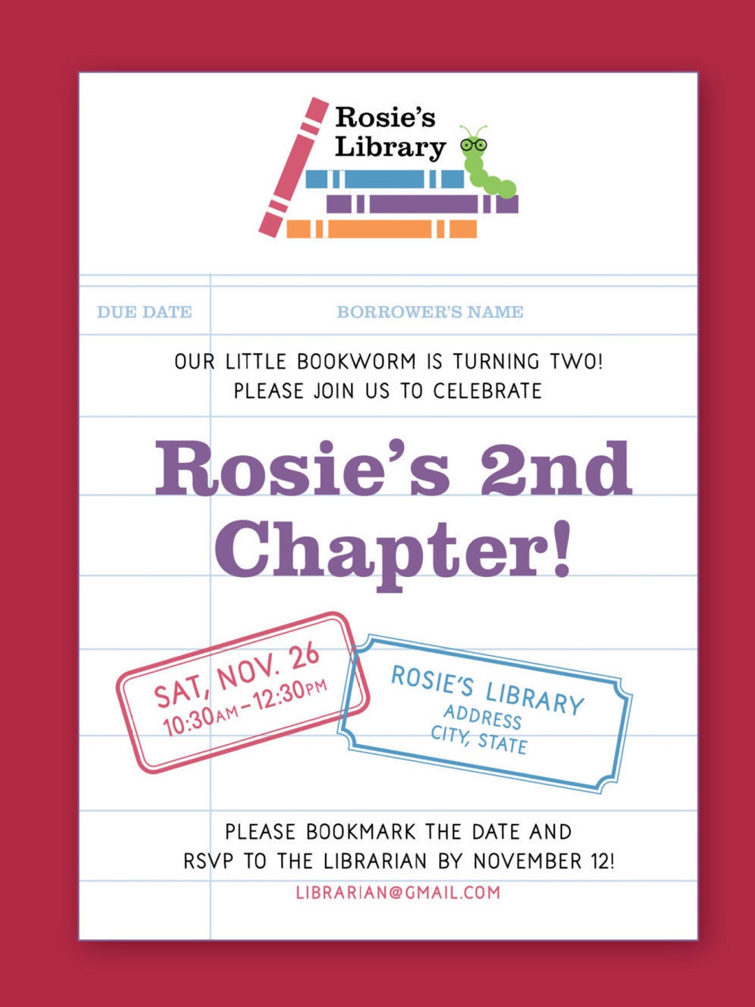 Girls Library Themed Birthday Invitation - Printable - Etsy
