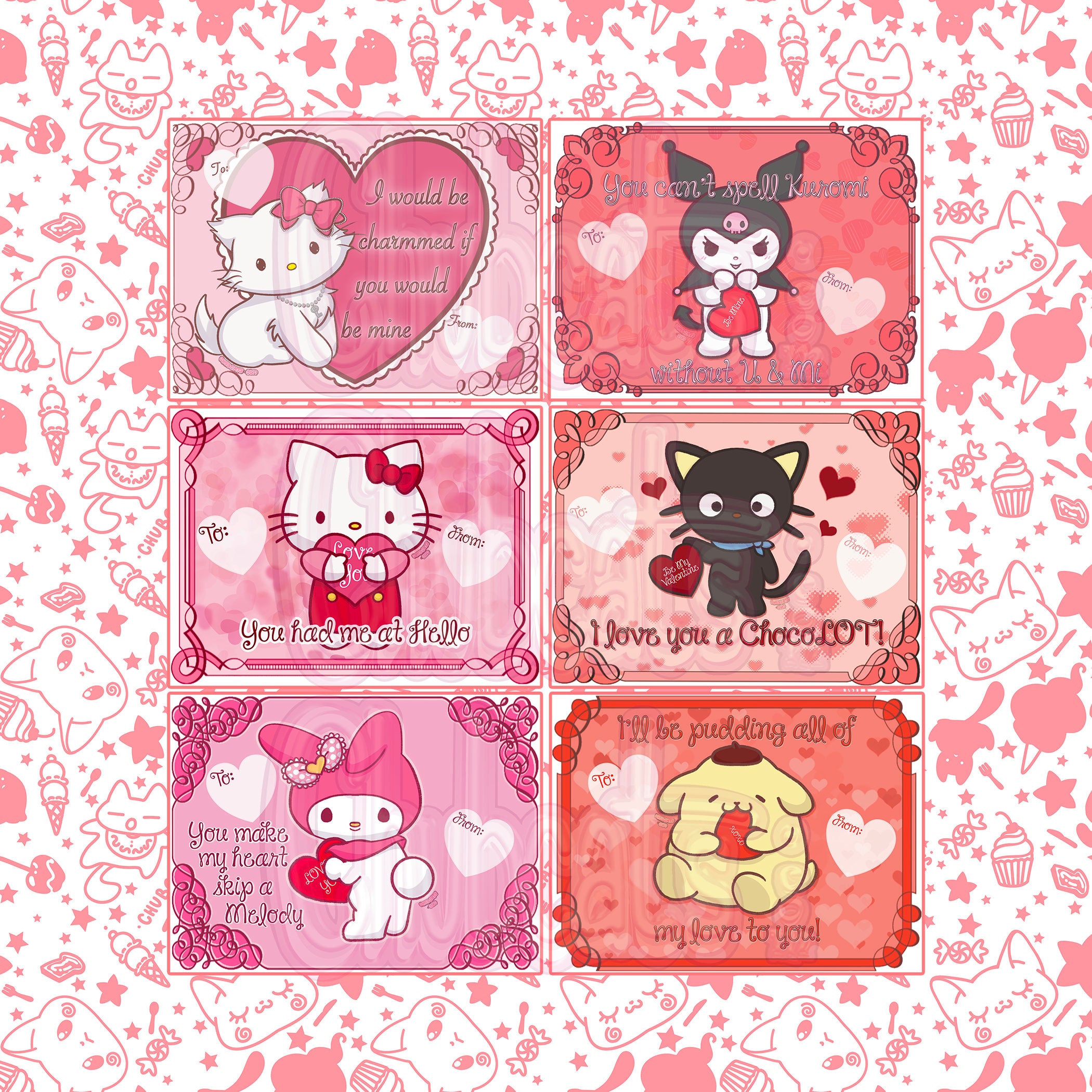 Set of 6 4x3 Kitty Hello Valentine's Day Valentines Card Hearts Cats Gift Kid Kawaii Valentine ...