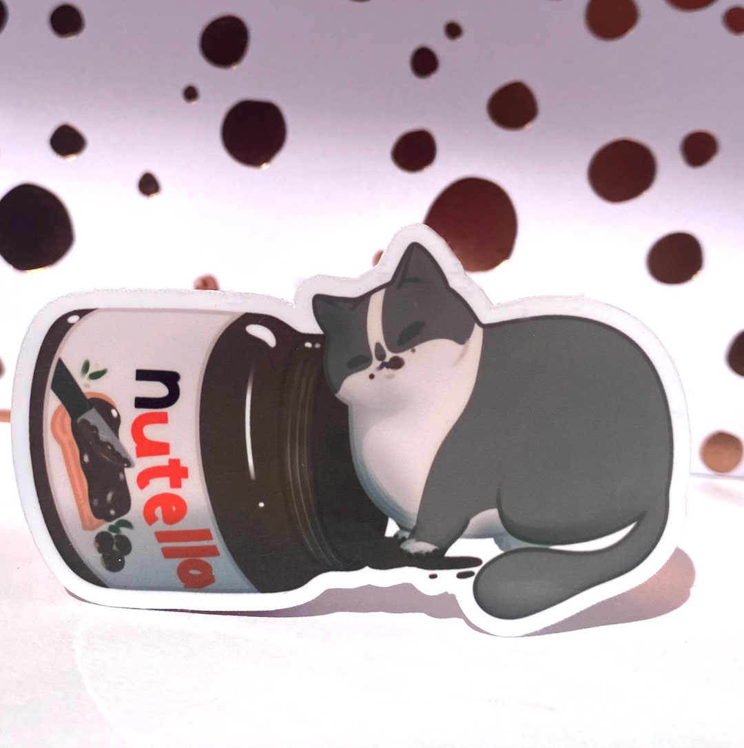 Kitty Cat Chomping on Nutella Die Cut Sticker, Water Resistant Vinyl ...
