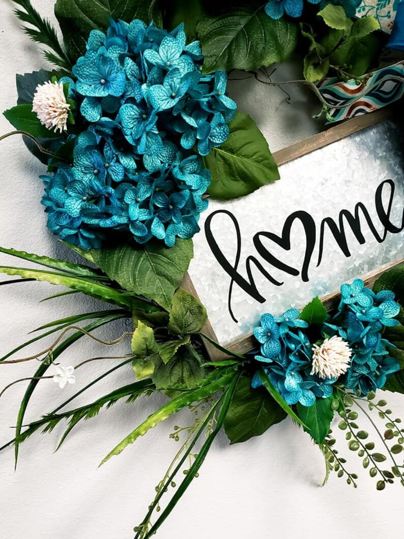 Teal Hydrangea Wreath With Home Sign Front Door Decor | Etsy