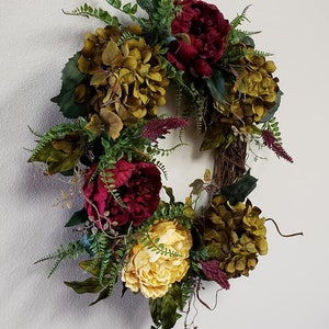 Fall Hydrangea and Peony Wreath, Grapevine Wreath for Front Door, Green ...