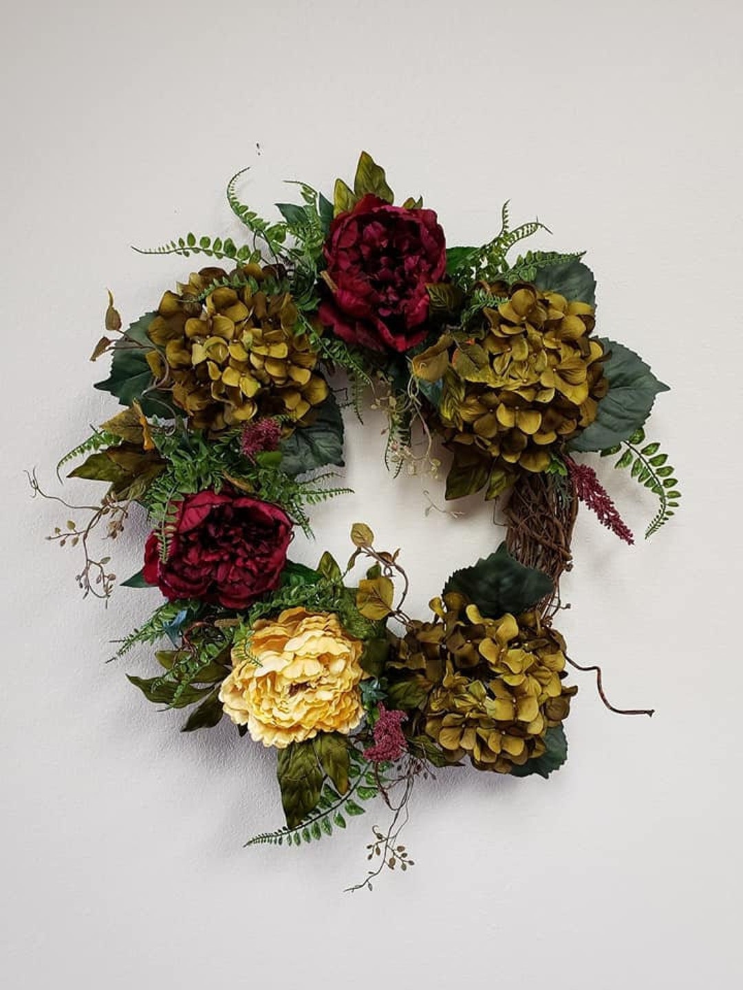 Fall Hydrangea and Peony Wreath, Grapevine Wreath for Front Door, Green ...