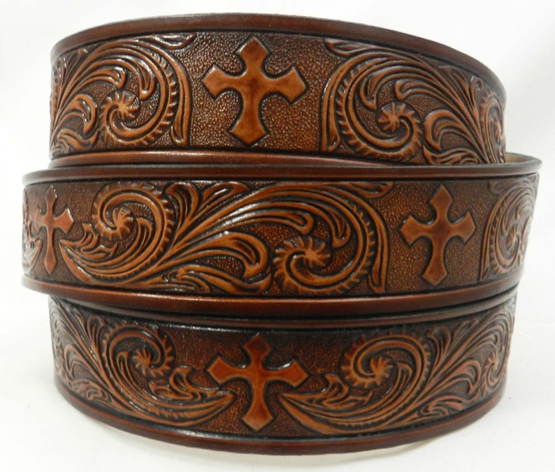 Leather Belt BT959 Western Scroll With Crosses. 1 1/2" Wide, Includes ...