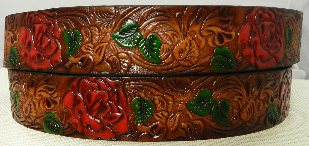 Narrow Leather Belt Red Roses: BT932 is 1 1/4" Wide, Lighter Weight 8 ...