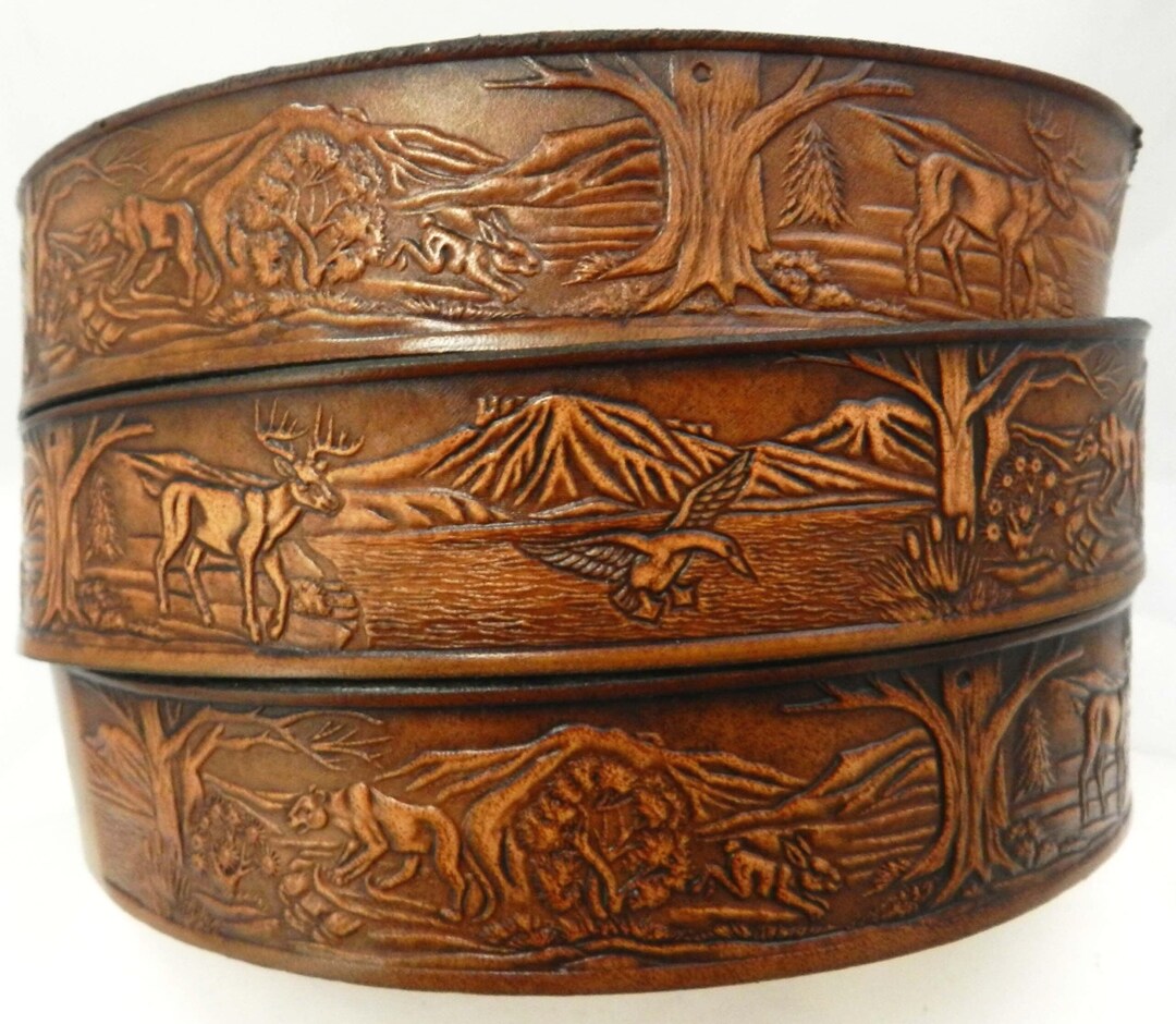 Leather Belt-bt116 -forest Deer Scene; 1 1/2