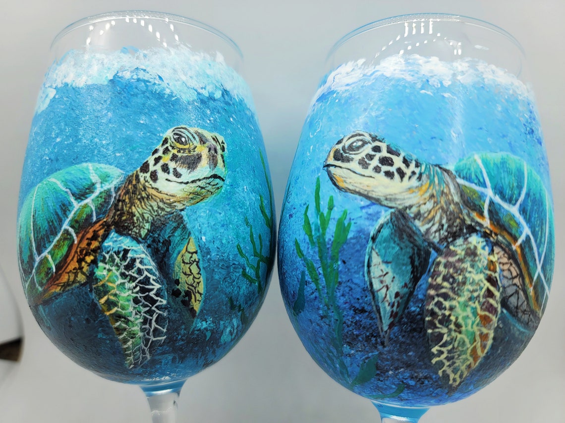 Hand Painted Sea Turtle Swimming Wine Glass Underwater Sea Turtle ...