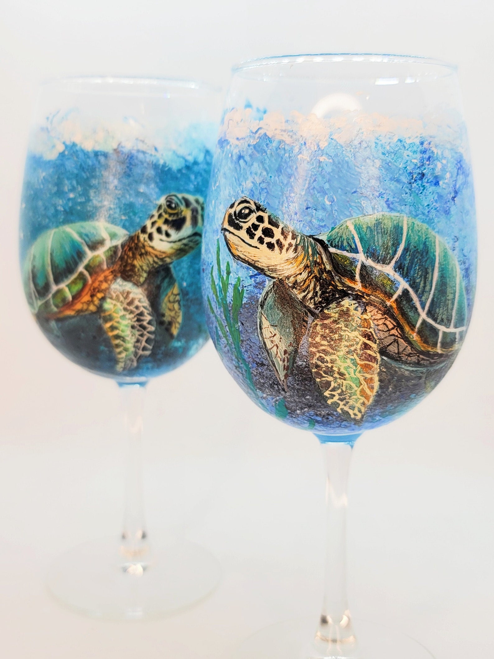 Hand Painted Sea Turtle Swimming wine glass underwater sea | Etsy