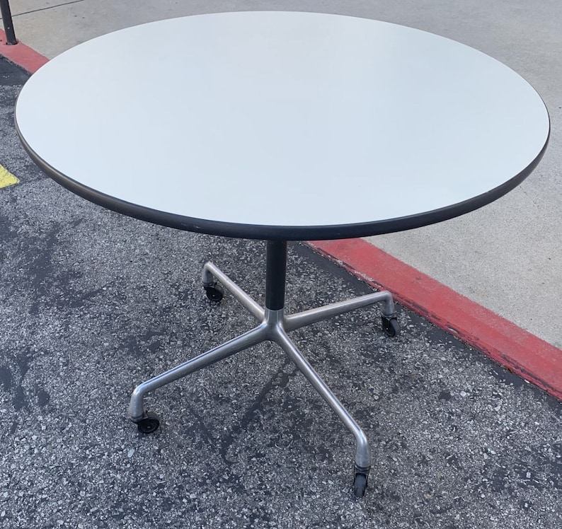 Vintage Eames Herman Miller 35 1/2" Round Pedestal Table on Wheels ...