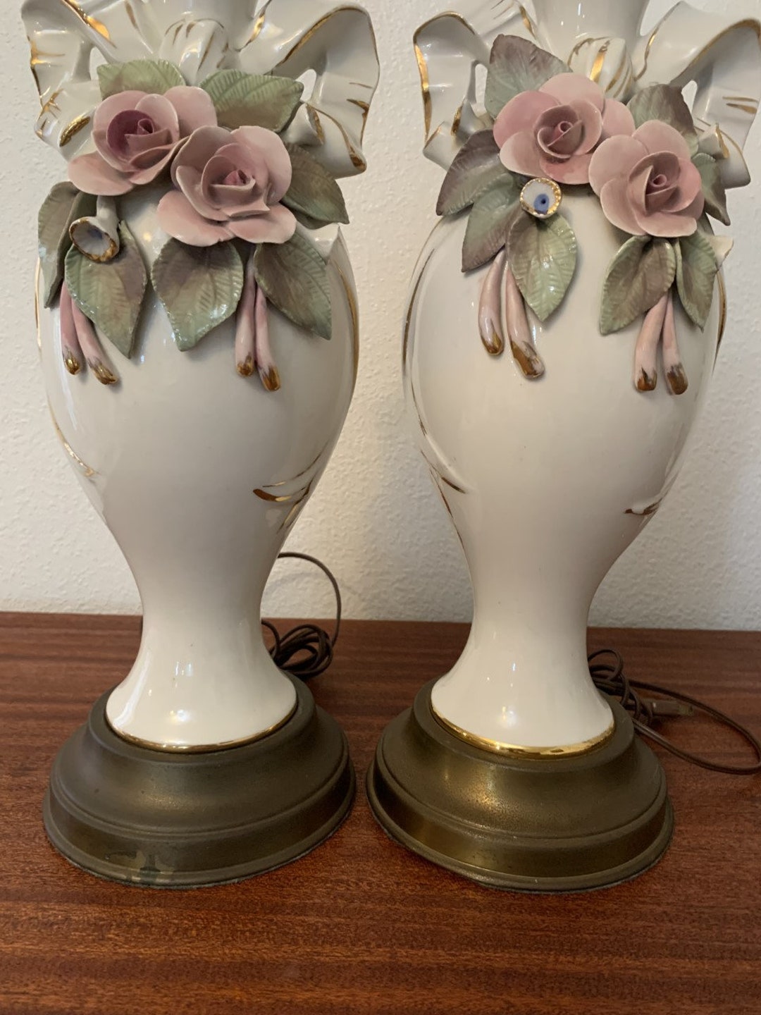 Antique Pair of "capodimonte" Style Table Lamps With Applied Rose ...