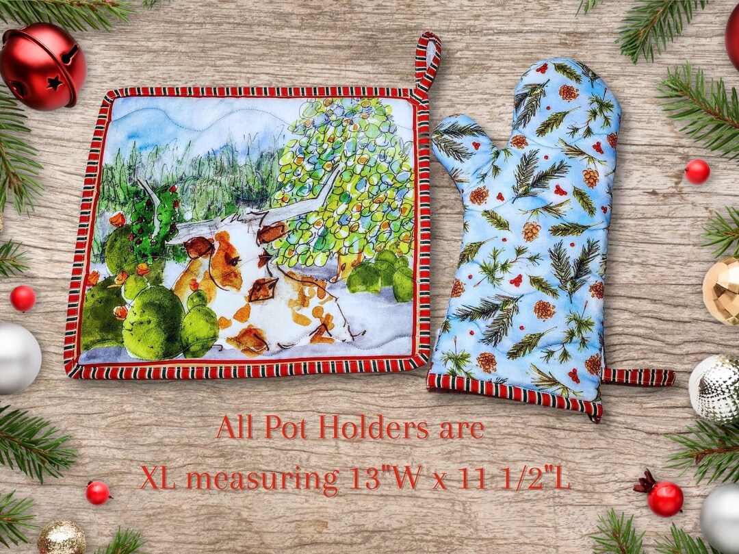 Handmade Southwest Christmas Cow Oven Mitt & XL Pot Holder Set - Etsy