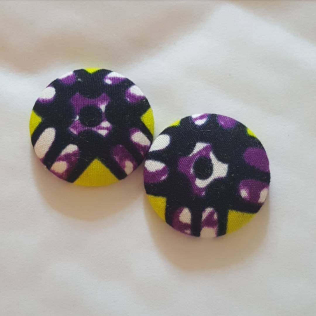 Purple & Neon Yellow Button Earrings, Fabric Button Earrings - Etsy