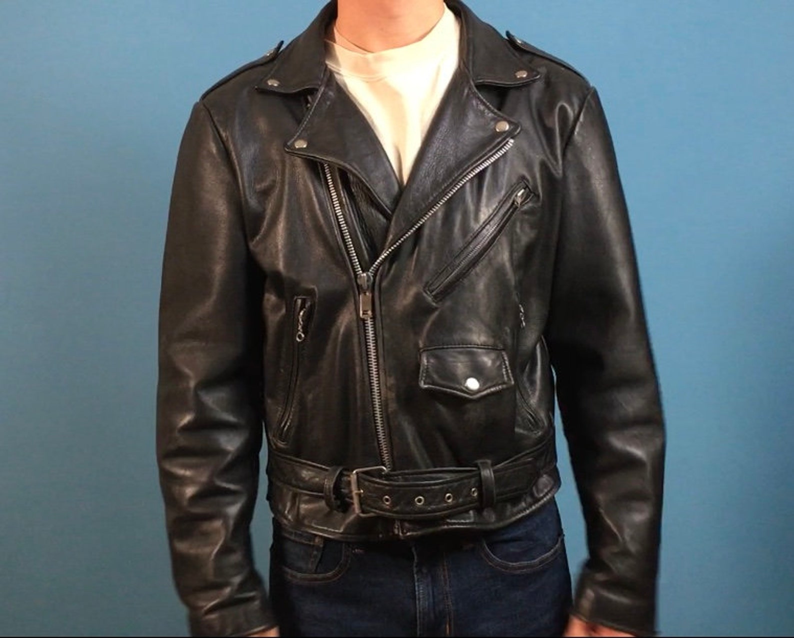 Black Genuine Leather Motorcycle Jacket - Open Road, Size 42 - Etsy