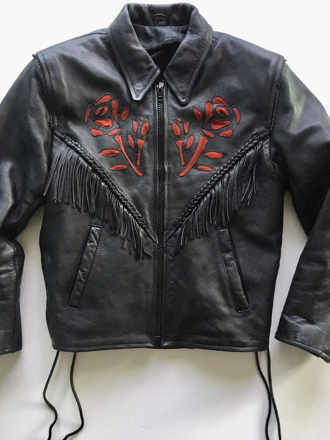 Black Leather Motorcycle Fringe Jacket With Flower Embossing - Etsy
