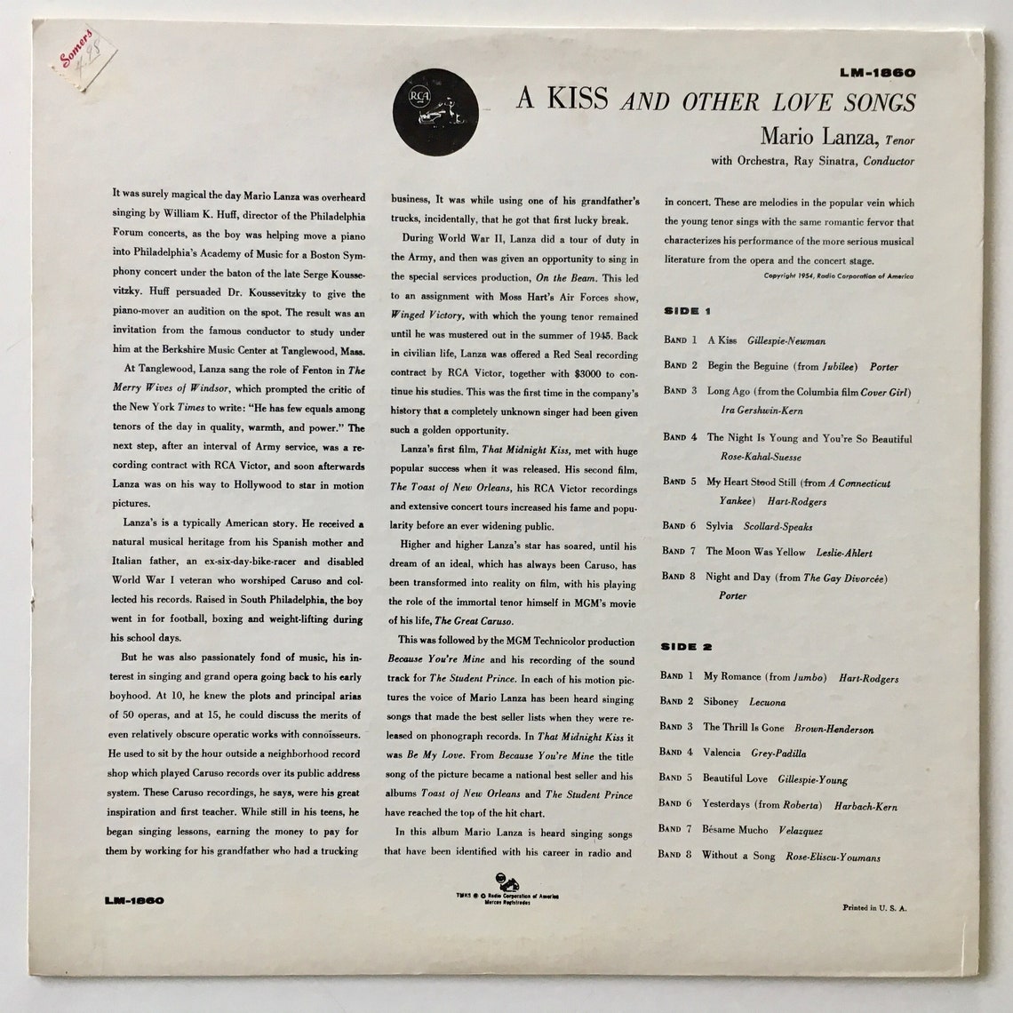 Mario Lanza A Kiss and Other Love Songs LP Vinyl Record | Etsy