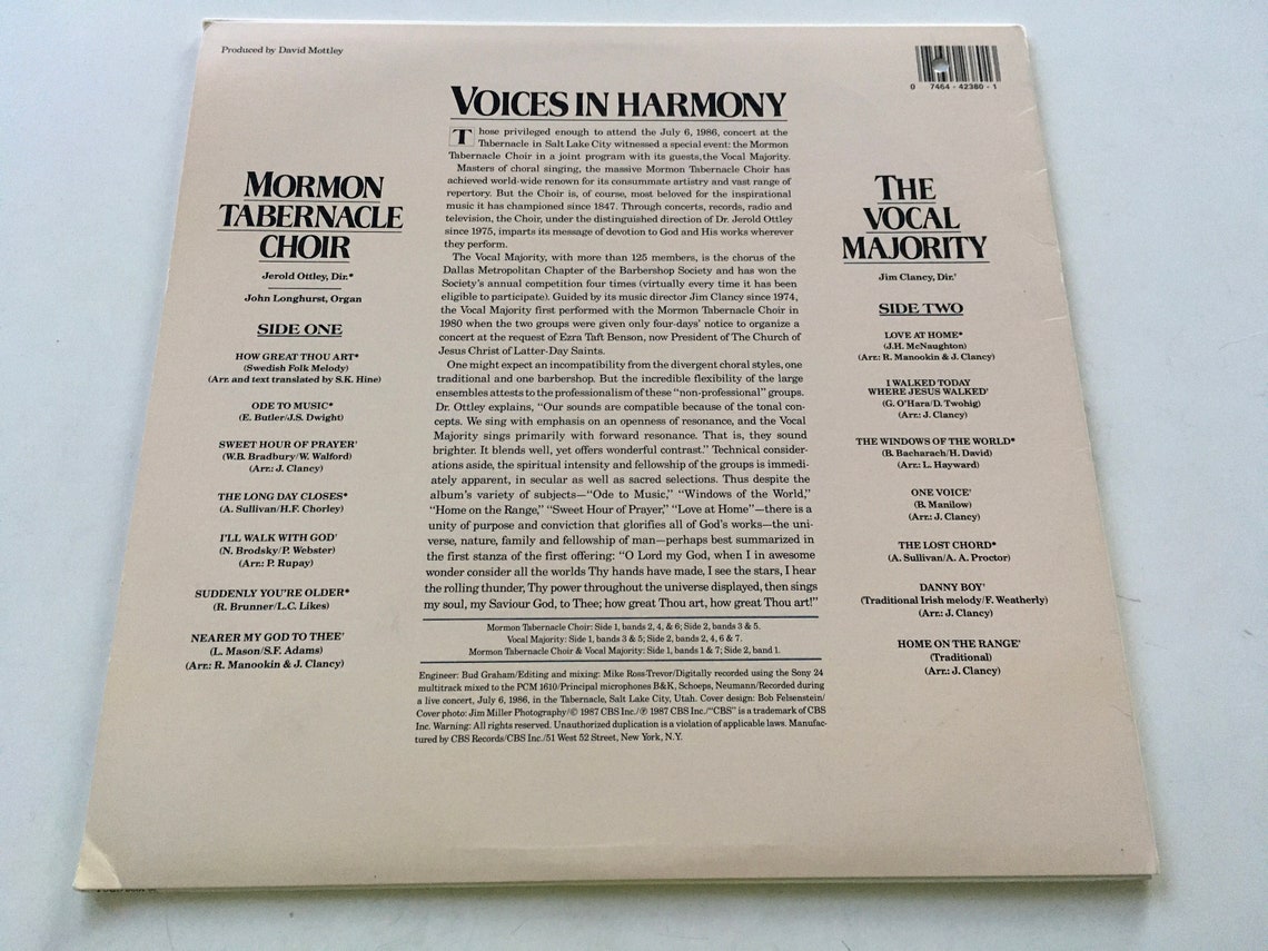 Mormon Tabernacle Choir / the Vocal Majority Voices in - Etsy