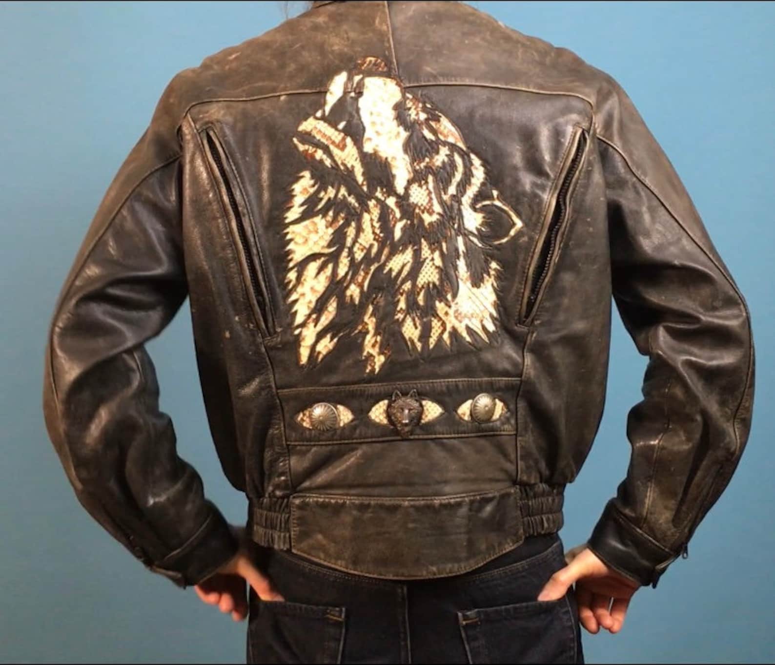 Brown Leather Bomber Jacket With Snakeskin Embossed Wolf - Harley ...