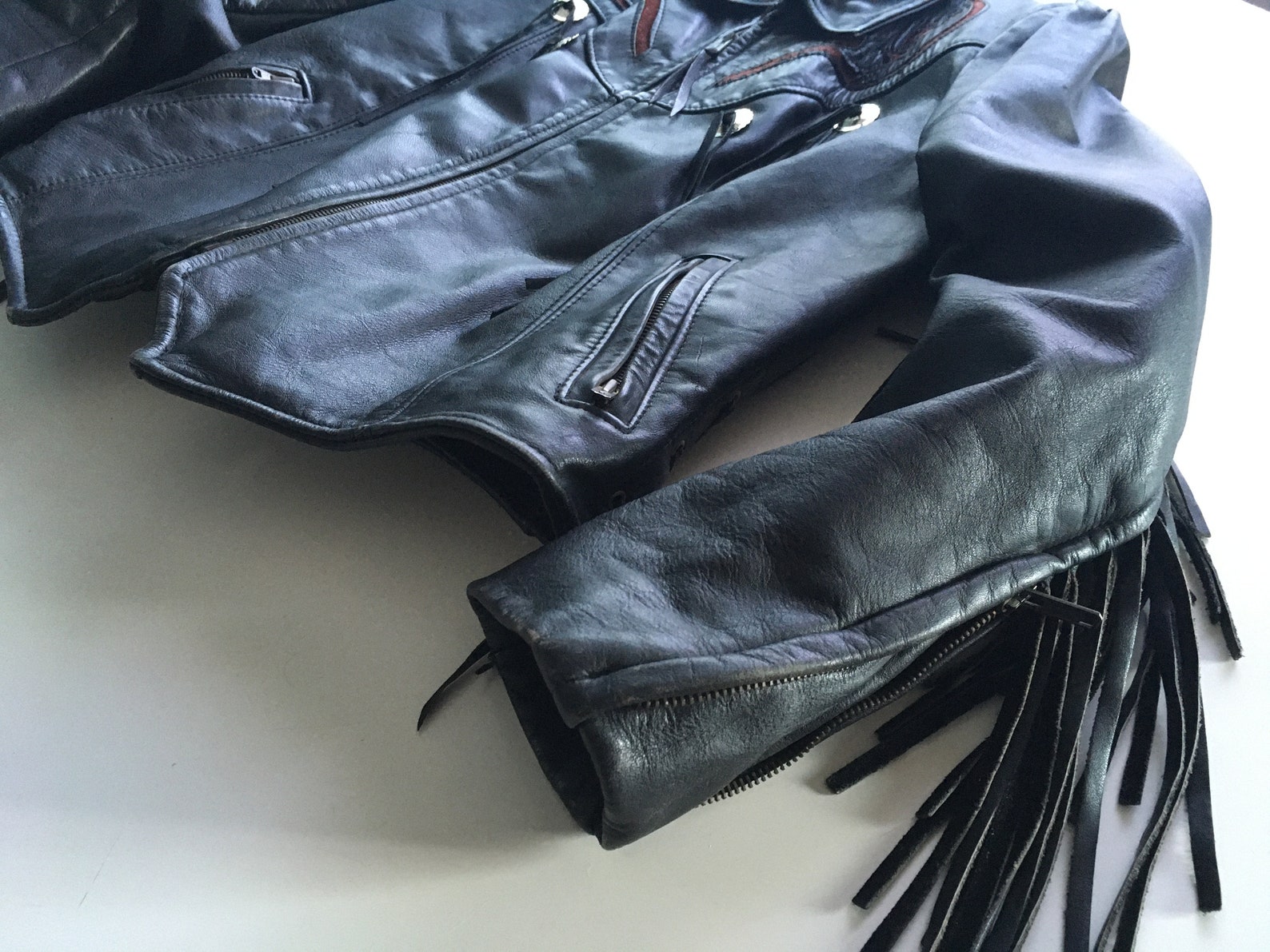 Black Leather Motorcycle Fringe Jacket With Flower Embossing - Etsy