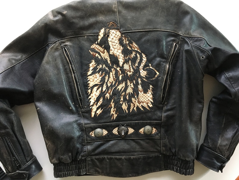 Brown Leather Bomber Jacket With Snakeskin Embossed Wolf - Harley ...