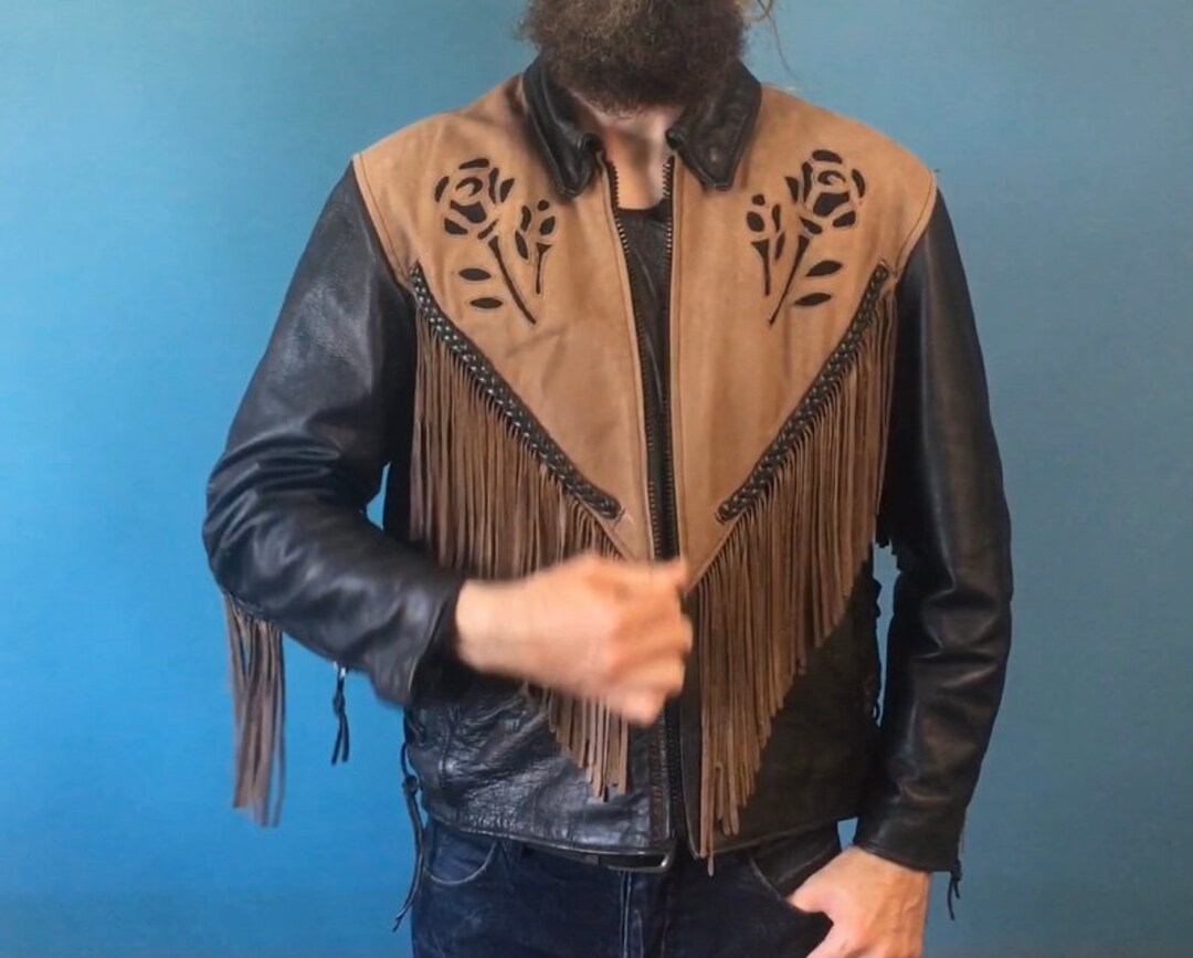 Black & Tan Leather Motorcycle Fringe Jacket With Flower Embossing ...